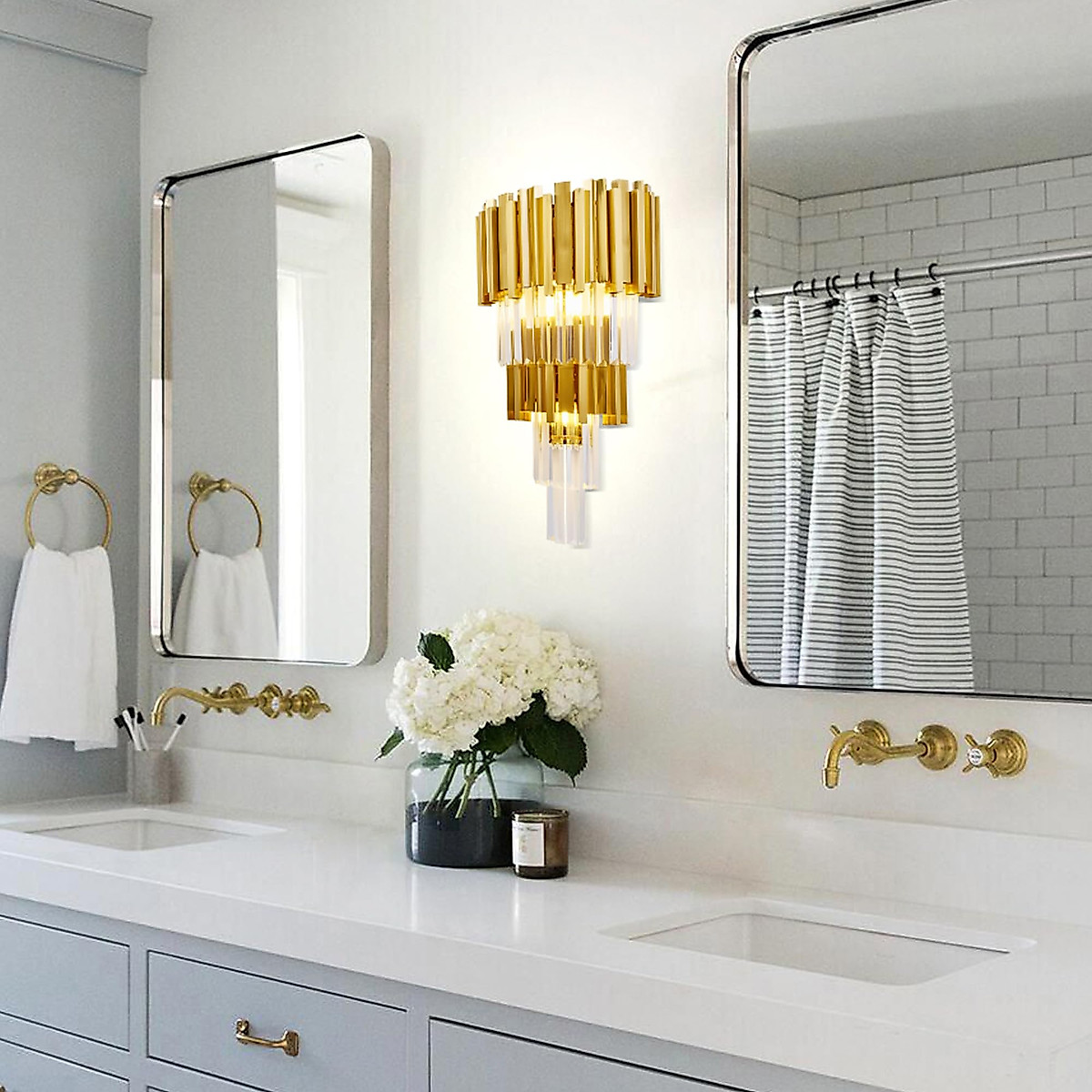 WABON Modern Crystal Wall Sconce Lighting 3-Light Gold Wall Sconce Crystal Hallway Wall lamp for Living Room Antique Gold