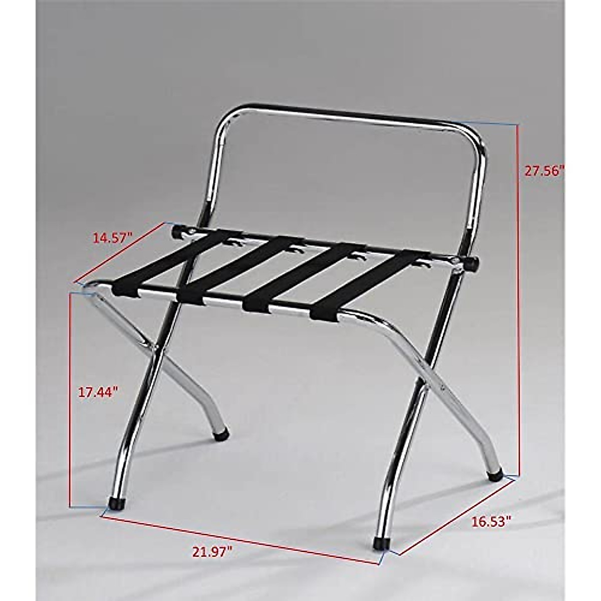 Pilaster Designs Contemporary Foldable 24-Inch Bess Chrome & Black Metal Luggage Rack Stand with High Back & Nylon Belts