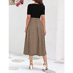 Miladusa Women Casual Midi Dress Square Neck Short Sleeve Modest Work Dress with Pockets