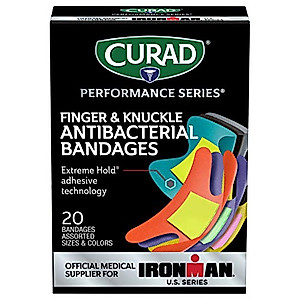 Curad Performance Series Ironman Fingertip and Knuckle Antibacterial Bandages, Extreme Hold Adhesive Technology, Fabric Bandages, 20 Count
