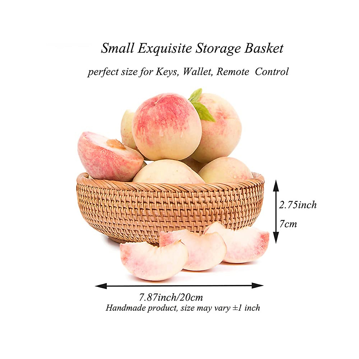 Small Round Keys Storage Basket for Entryway Table Tabletop Wicker Catchall Organizer Woven Basket for Keys Wallet Remote Control Cards Crackers Fruit Candy Serving Basket