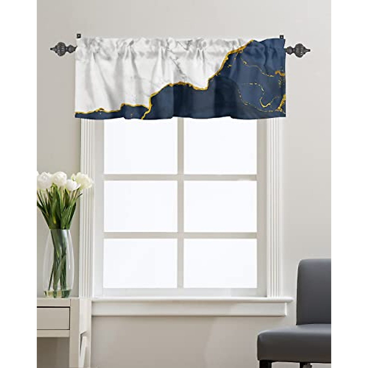 Window Curtain Valances for Kitchen Windows,Natural Marble Abstract Texture Rod Pocket Short Window Valance White Navy Blue Stone with Gold Line Cafe Treatment Valance for Living Room/Bedroom,54x18in