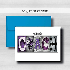 Personalized Cheerleading Purple Coach Thank You Card, 5"x 7" FLAT CARD, Greeting Cards