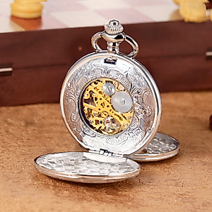 TREEWETO Men's Retro Mechanical Pocket Watch Silver Double Case Roman Numerals Gift for Man with Box