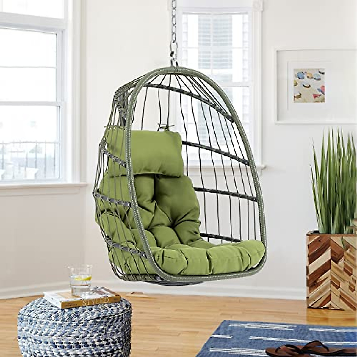 Patiorama Indoor Outdoor Egg Swing - Rattan Hanging Chair w/Cushion, 350lbs Capacity, All Weather Foldable Hammock Chair for Bedroom, Porch (Olive Green)