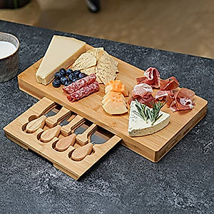 BIGTREE Bamboo Cheese Board and Knife Set, Charcuterie Board Serving Tray, Wine Meat Cheese Platter