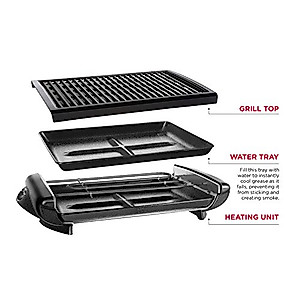 Chefman Electric Smokeless Indoor Grill w/Non-Stick Cooking Surface & Adjustable Temperature Knob from Warm to Sear for Customized BBQing, Dishwasher Safe Removable Water Tray, Black