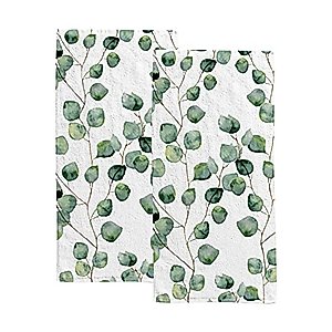 My Daily Watercolor Green Floral Hand Towel Set of 2, Eucalyptus Leaves Face Towel Thin Washcloths 30x15 inch, Portable Absorbent Soft Towels for Gym Yoga Spa Bathroom Decor