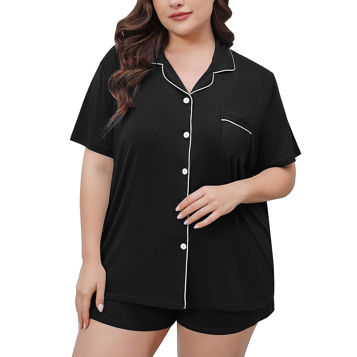 SWOMOG Women's Plus Size Pajamas Set Button Down Tops Short Sleeve Sleepwear Soft Pajama Shorts 2 Pcs Lounge Sets With Pocket Black
