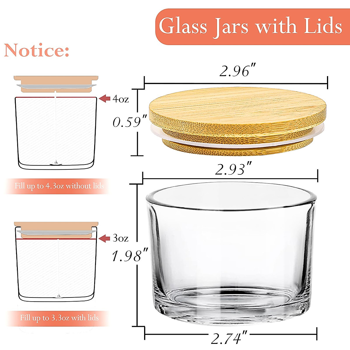 CONNOO 15 Pack 4 OZ Clear Glass Candle Jars with Airtight Bamboo Lids for Making Candles, Bulk Small Wide Mouth Empty Candle Containers with Sticky Warning Labels - Dishwasher Safe