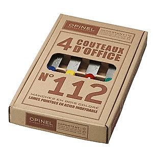 Opinel No. 112 Paring Knives Box Set, 4 Piece Paring Knife Set, High Carbon Steel for Chopping, Peeling, Slicing, Trimming, Painted Hornbeam Handles, Made in France (Classic), One Size, (001233)