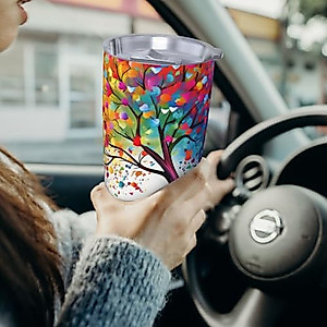 Colorful tree Tumbler with Lid and Straw 20oz Stainless Steel Car Cup for Hot and Cold Drinks, Double Wall Insulated Travel Coffee Mug Reusable Drink Thermos Cup Birthday Gifts