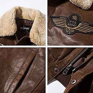 FLAVOR Men's Real Leather Bomber Jacket with Removable Fur Collar Aviator (Large, Brown)