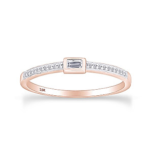 AFFY 1/10 Cttw Real Baguette And Round Cut Diamond Engagement Wedding Stackable Band Ring In 10k Solid Rose Gold (I-J Color, I2-I3 Clarity, 0.10 Cttw) Ring Size-6