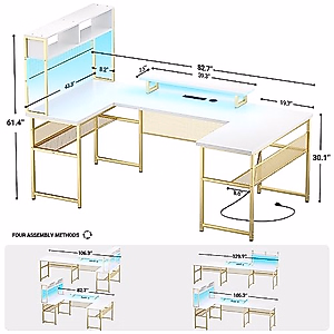 Unikito Modern Reversible L-Shaped Desk with Hutch, 60"W x 60"D x 72"H, 3 Desktops, RGB LED Strip Lights, Smart App Control, Monitor Stand, 4 Power Outlets, 2 USB Charging Ports, Grid Design