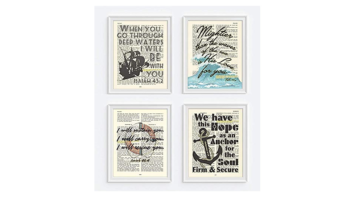 Nautical Bible Verse Wall Art Prints Set of 4 - Inspirational Decor