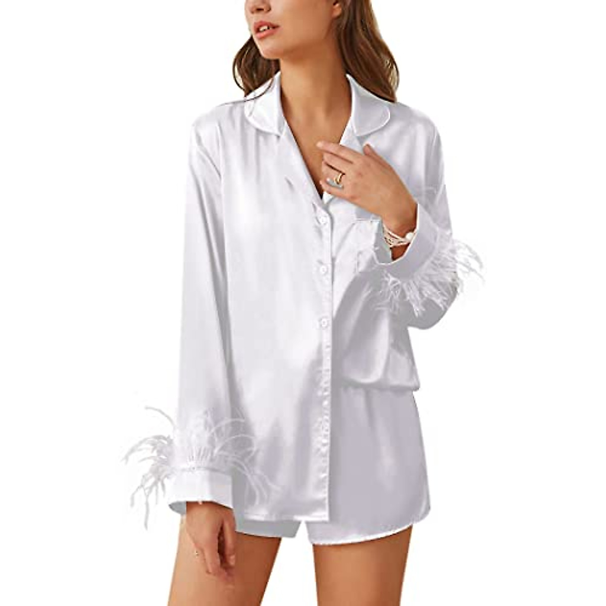 Ekouaer Women's Satin Pajama Silk Pj Sets Feather Trim Comfy Satin Sleepwear Long Sleeve Pjs Wedding Bride White L
