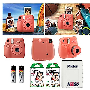 Fujifilm Instax Mini 7+ Instant Camera Bundle-Deluxe Kit, Fuji Instax Mini Film (20 Sheets), NeeGo Photo Album (Coral)