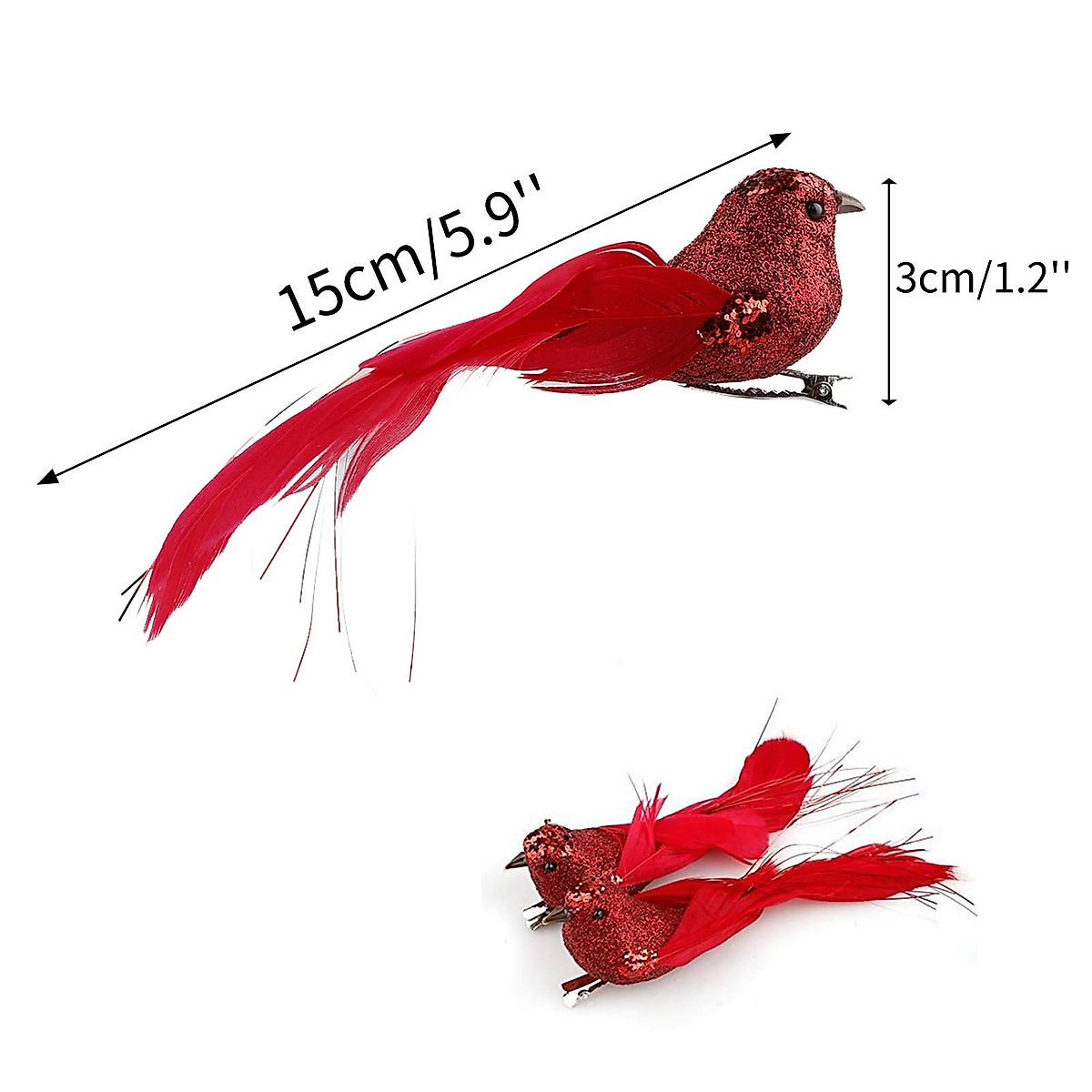 WDDH 12Pcs Artificial Christmas Cardinal Birds, 6inch Glitter Mini Foam Red Christmas Birds with Long Tail Feather, Clip-on Christmas Tree Ornament Small Bird Figurine for Home Garden Wedding Decor