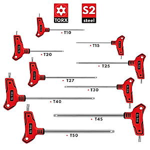 TOMMARS 9PC T Handle Torx Wrench Set, S2 Steel, T10 - T50 Tamper Proof Star Key Set