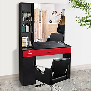 Mefeir Wall Mount Hair Styling Barber Station with Support Leg & Mirror,Hair Salon Equipment, Spa Furniture Set Red & Black