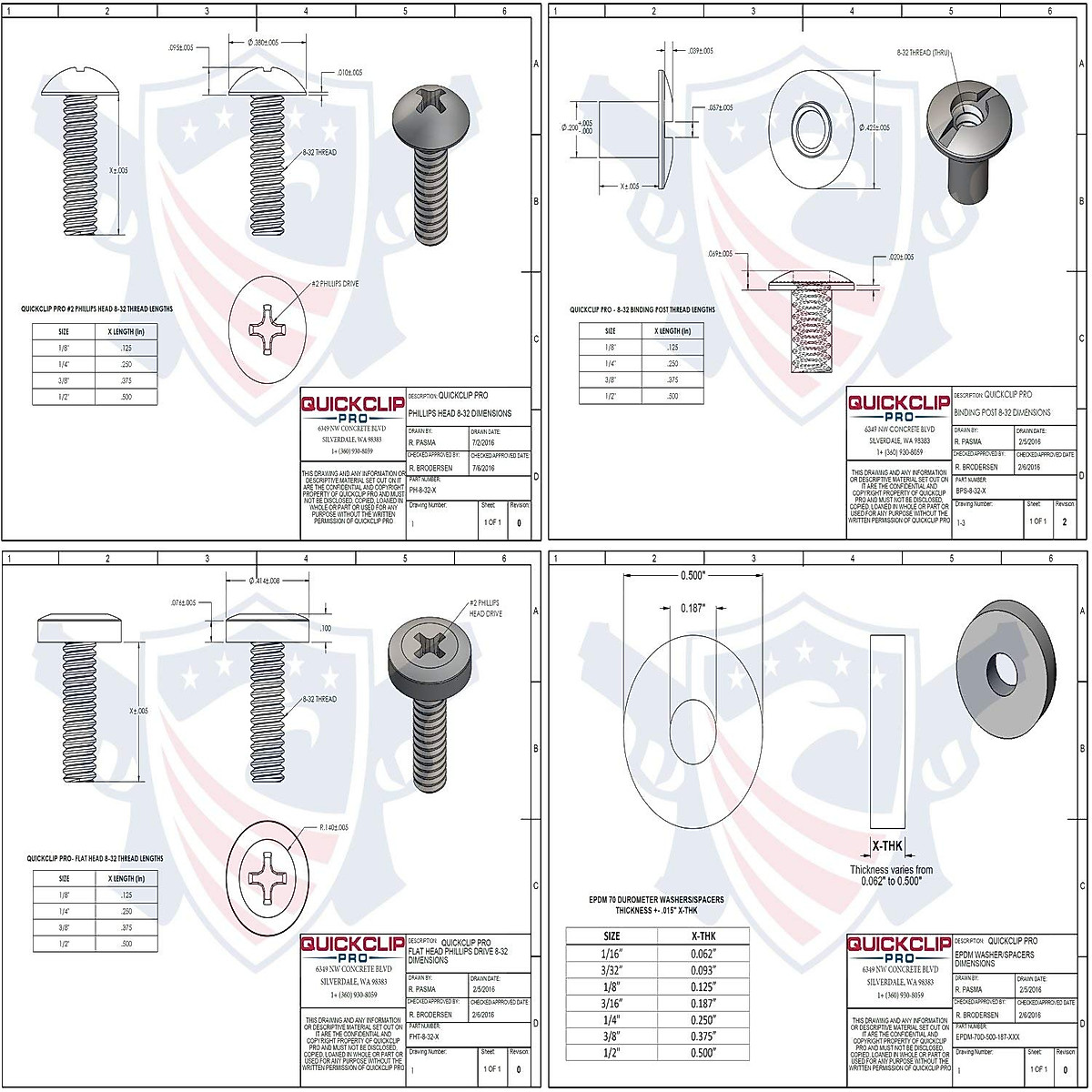 Black Chicago Screw - Thru Hole Binding Post Kit 1/8, 1/4, 3/8, 1/2 Inch Machine Screw Fasteners + Rubber Washers, QuickClipPro Kydex Leather Holster Sheath (1/8" - Flat Head 10 Pack DBL-Washer)