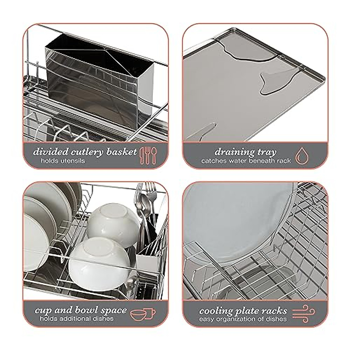 Kitchen Details 3 Piece Dish Rack | Drain Tray | Cutlery Holder | Countertop | Organizer | Holds 13 Dishes | Chrome