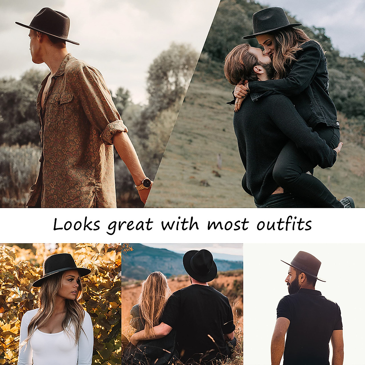 Gossifan Fedora Hats for Men Wide Brim Panama Hat with Classic Belt-B Belt Black