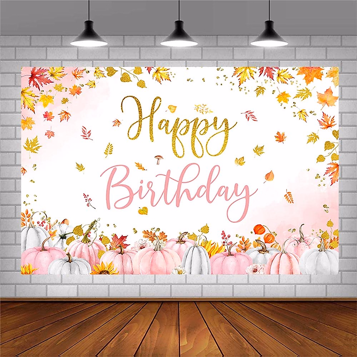 AIBIIN 7x5ft Happy Birthday Backdrop for Sweet Grils Fall Birthday Party Decorations Blush Pink Pumpkins Gold Glitter Maple Leaf Photography Background Bday Banner Photo Shoot Props