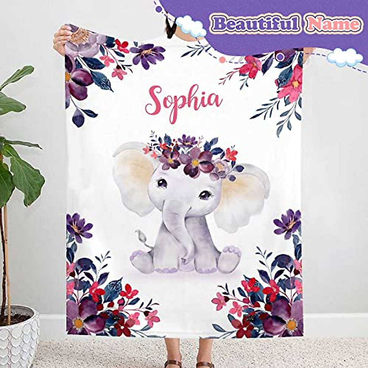 UOZGUY Personalized Elephant Baby Blanket for Baby Girl, Personalized Newborn Girl Gifts with Name, Newborn Baby Girls Blankets Custom, Elephant Baby Name Blanket, 30"x40"