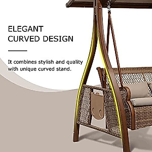 PURPLE LEAF Patio Porch Swing Chair with Canopy 2 Person Hand-Woven Wicker Outside Glider w/Solar LED Light and Cushions for Backyard Loveseat Bench Outdoor Hamock Swinging Chairs