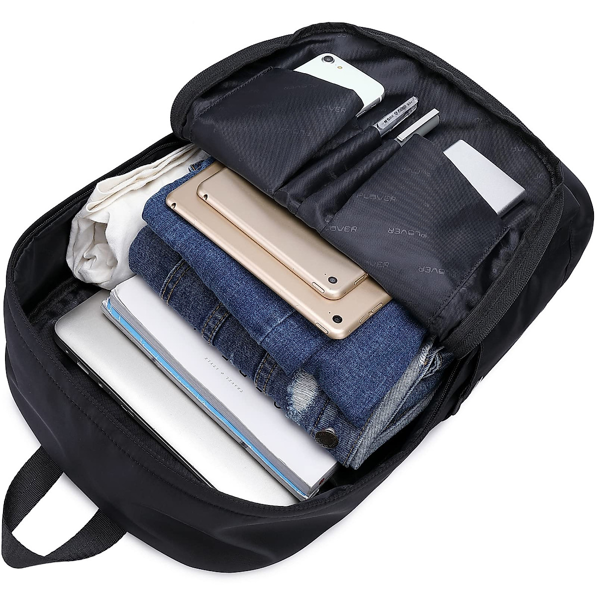 weiatas Black Laptop Backpack for Men Women with USB Charging Port, College Bookbag with Laptop Compartmen, Work Travel Computer Rucksack with Luggage Strap