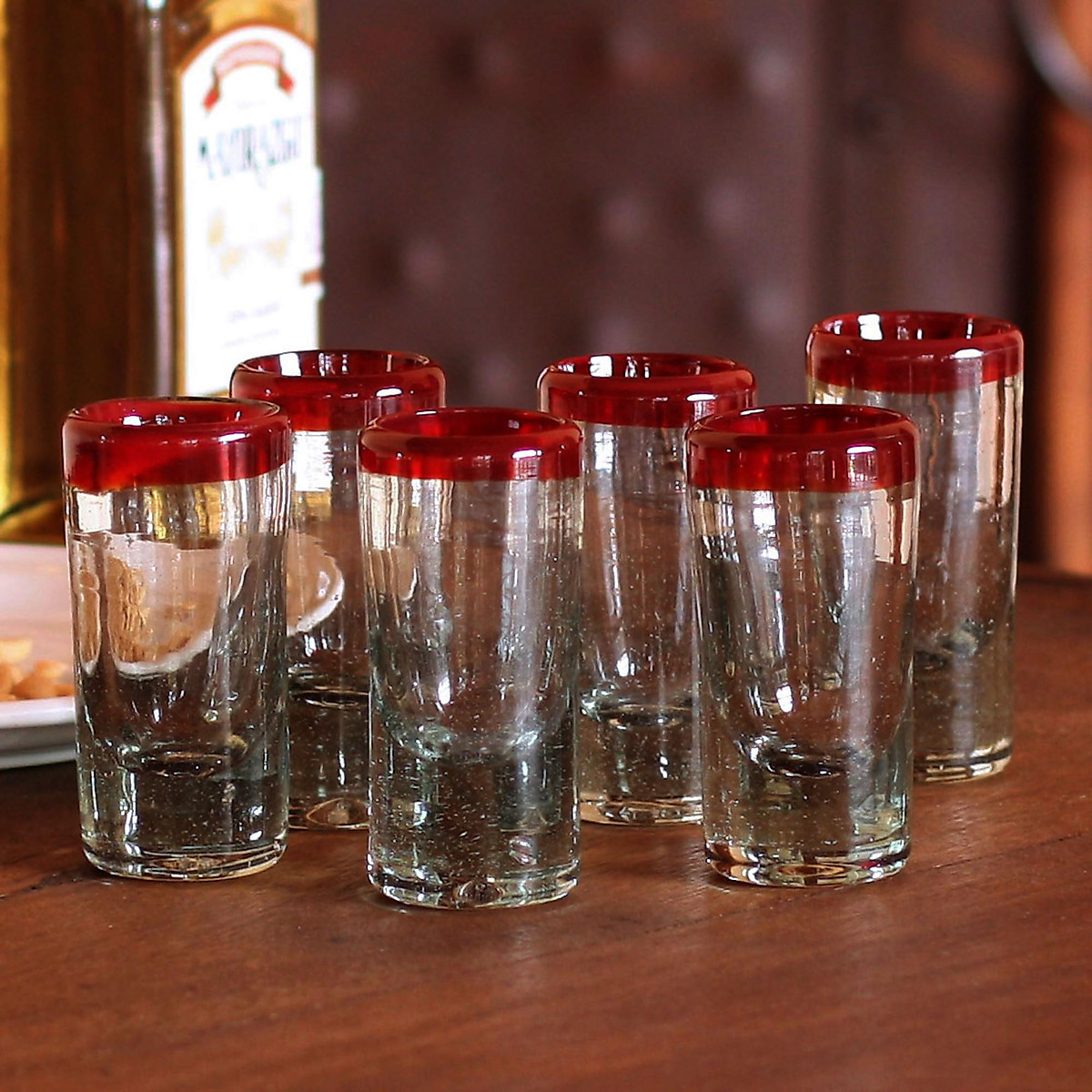 NOVICA Hand Blown Red Clear Recycled Glass Shot Glasses, 2 Oz 'Ruby Shot' (Set Of 6),3.7" H x 1.6" Diam.