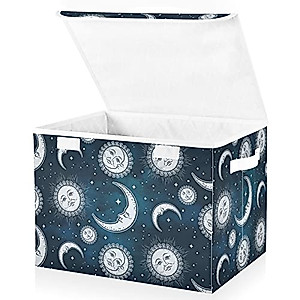 Krafig Boho Chic Sun Moon White Foldable Storage Box Large Cube Organizer Bins Containers Baskets with Lids Handles for Closet Organization, Shelves, Clothes, Toys