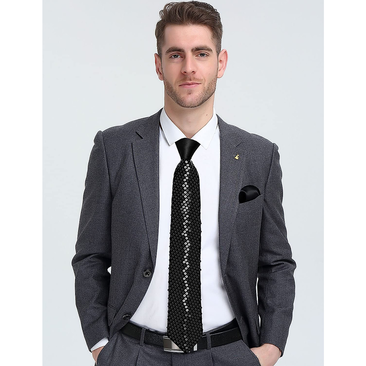DiBanGu Black Tie Sequin Ties for Men Solid Color Skinny Tie and Pocket Square Set Wedding Party Formal Necktie