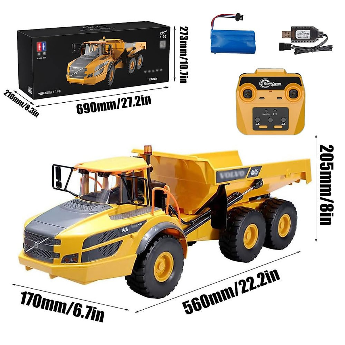 ZRYYWAN 1/20 Large 23IN Electric Remote Control Dump Truck A40G, 2.4G Simulated Acoustic-Optical RC Engineering Vehicle Model Transport Vehicle, 6-Wheel Lifting Bucket Construction Truck