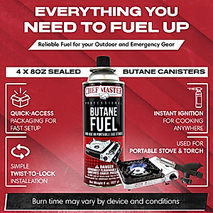 Chef Master 90340 | Pack of 4 Butane Fuel Cylinders| 8oz Butane Canisters for Portable Stove | Butane Torch Replacement Canisters