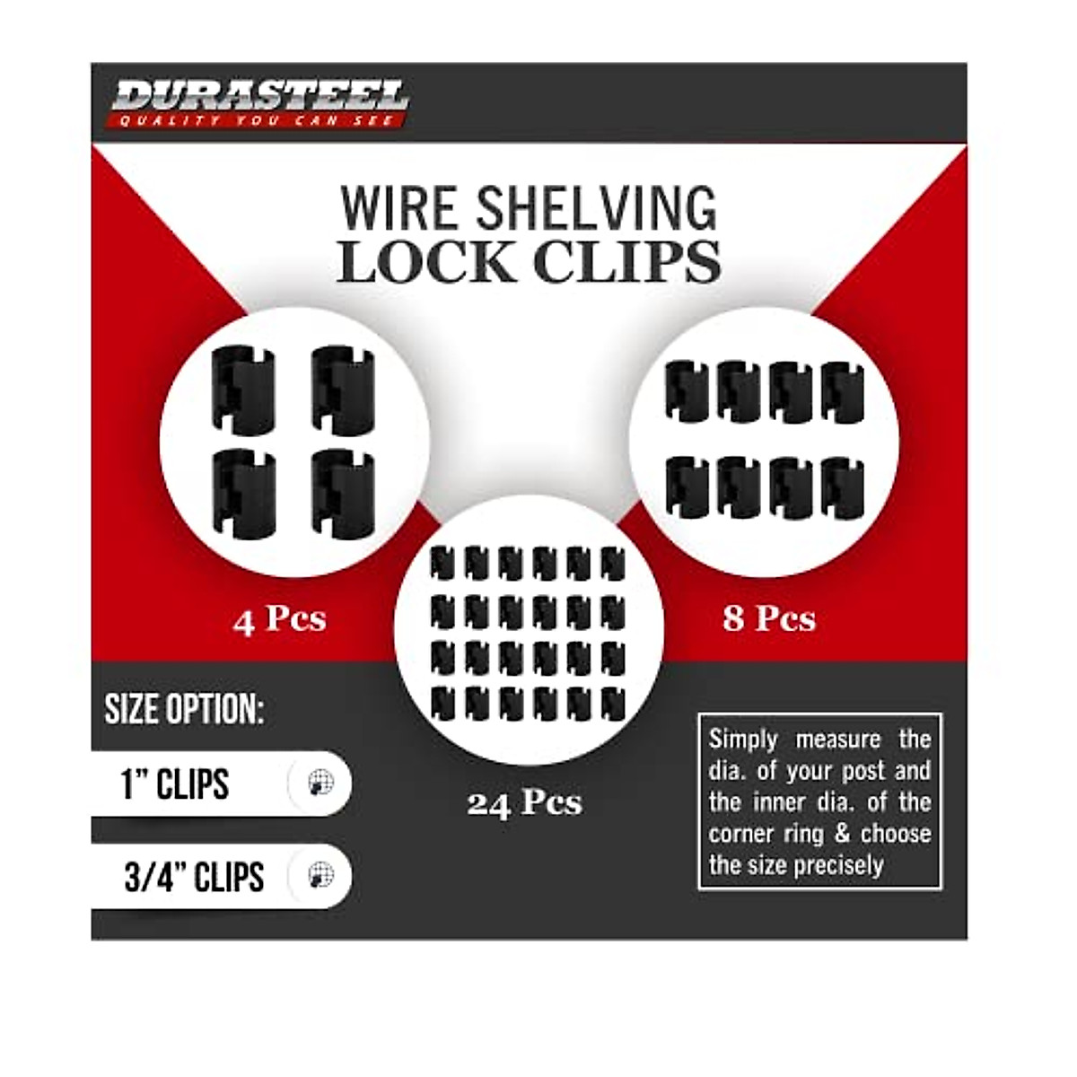 DuraSteel Wire Shelving Shelf Lock Clips / Shelving Sleeves - Fits with Thunder Group, Alera, Honey Can Do, Eagle, Regency, Metro and more - For 1" Post, Plastic, Black, Pack of 8 Pcs