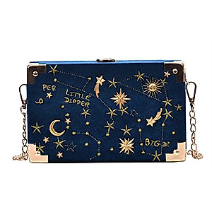 HANDAFA Elegant Velvet Clutch Handbag Star and Moon Evening Bag Chain Box Bag For Wedding Party(Teal)