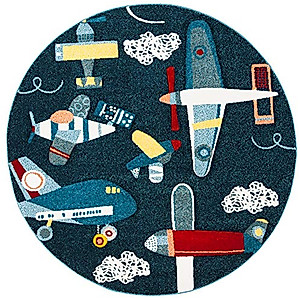 SAFAVIEH Carousel Kids Collection 4' Round Navy/Ivory CRK167N Airplane Nursery Playroom Area Rug