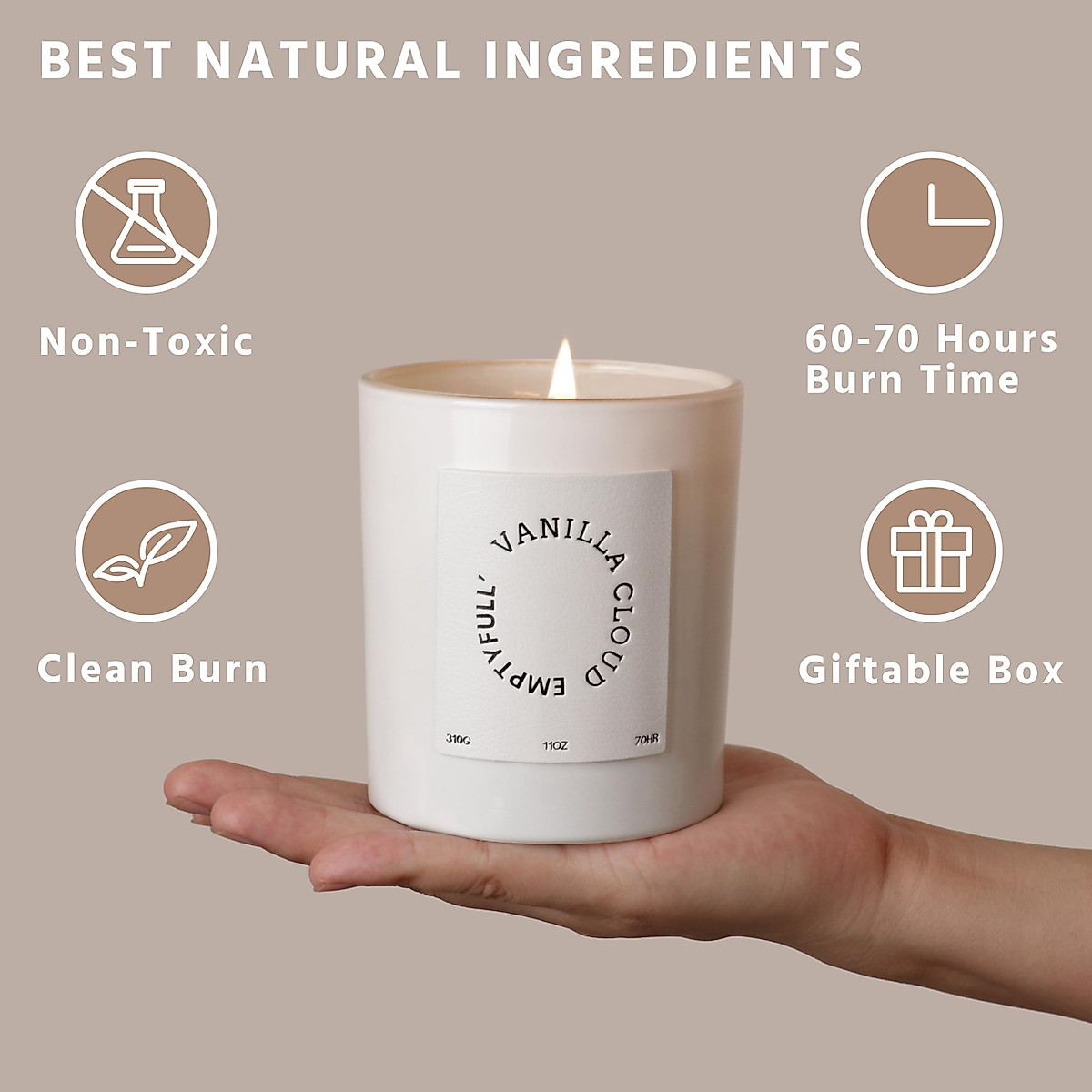 EMPTYFULL Vanilla Scented Candles, Wood Wick, 11 oz Large Candle, Natural Soy Candles 70 Hours Long Burning for Home, Aesthetic Candle, Perfect Spiritual Aromatherapy Gift for Women Men Mother’s