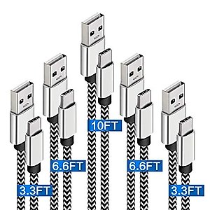 USB C Cable Fast Charging 3A 5-Pack (3.3/6.6/10FT) Nylon Braided USB Type C Cable Fast Charging Cord Compatible Samsung Galaxy S10 S9 S8 S20 Plus A51 A11,Note 10 9 8,Moto Z Z3,LG G7 G8,USB C Charger