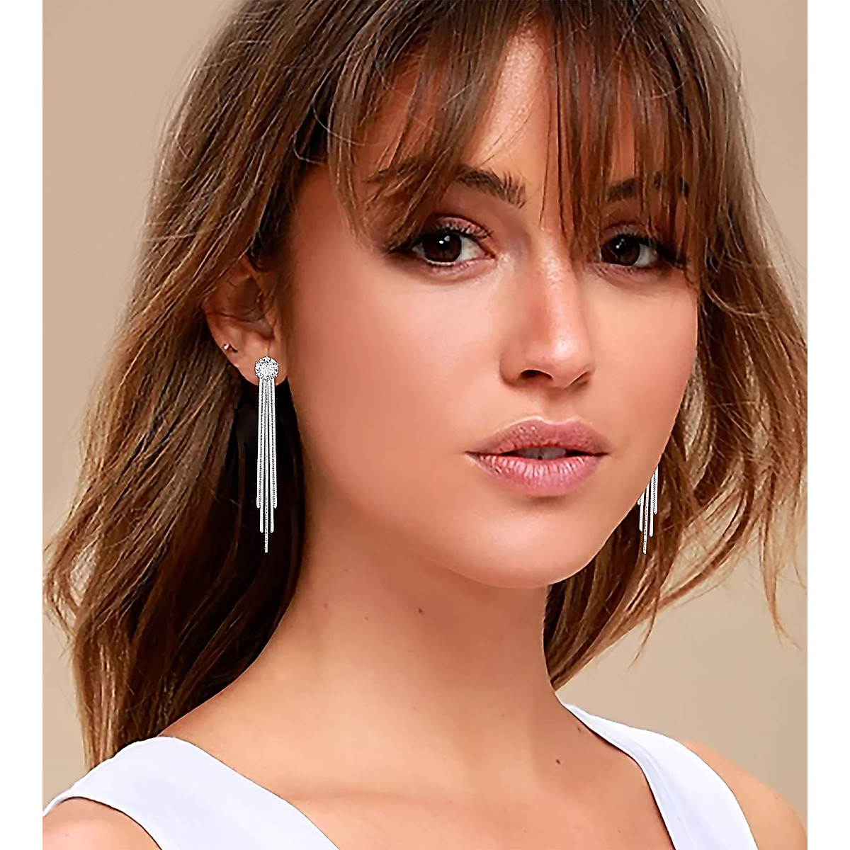 KristLand - S925 Silver/Alloy Hook Sleek Chain Tassel Drop Earrings Long Crystal Fringe Dangle Simple Dainty Earrings Tassel Earrings A Zircon Silver