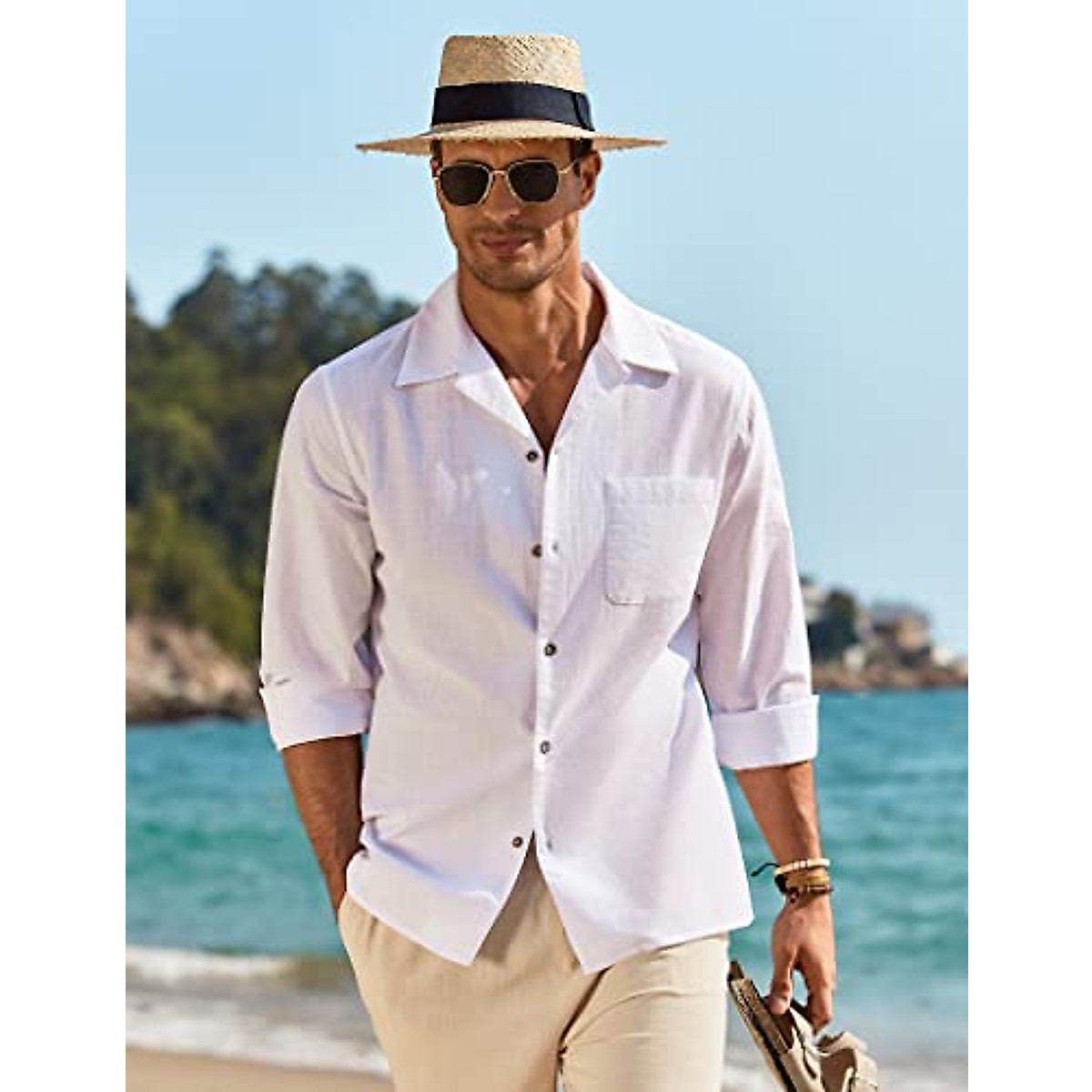 COOFANDY Men Cotton Linen Shirts Long Sleeve Cuban Collar Shirt Beach Resort Shirts White