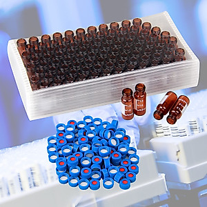 Autosampler Vials 2ml 1000 Pcs, Lab Amber Vials with Writing Area and Graduations, 9-425 Threaded Sample Vials, White PTFE & Red Silicone Septa