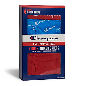 Champion Men's Boys' Underwear, Everyday Active Stretch Boxer Briefs, Assorted 4-Pack, Blue/Red/Scripts, Small