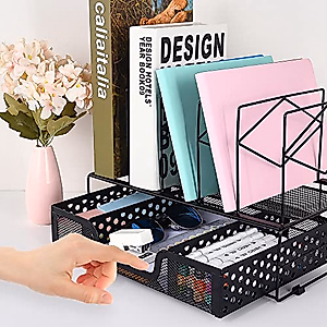 Spacrea Desk Organizers and Accessories, File Folder Holders Desktop Organization with 5 Upright Sections & Drawer, Great for Workspace College Dorm Home Office（Black）