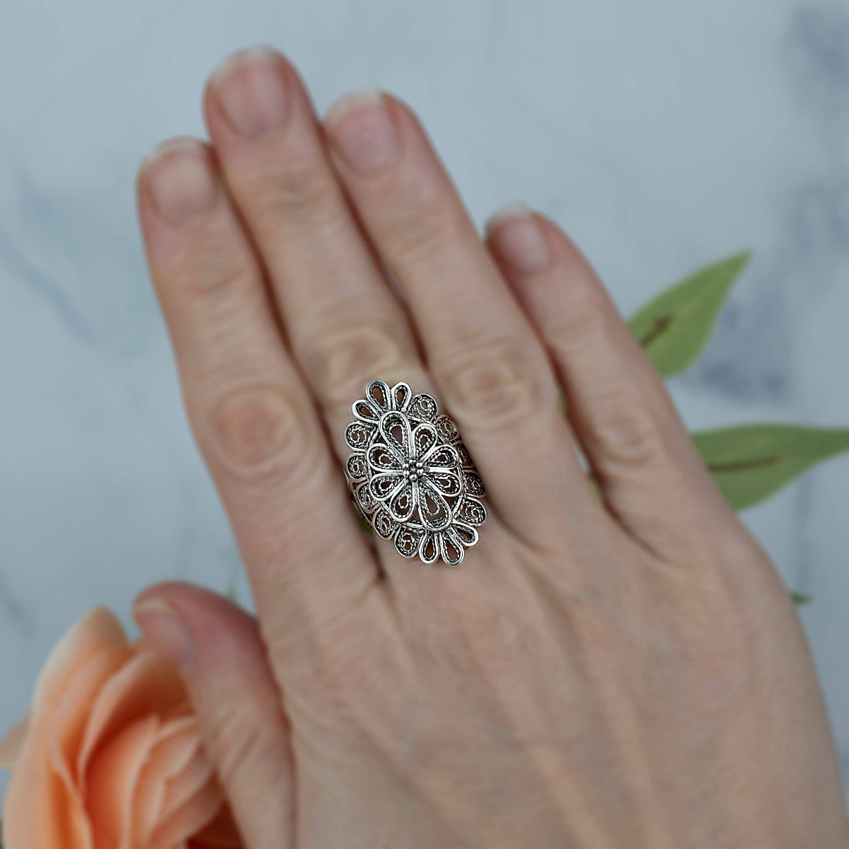 Filigranist 925 Sterling Silver Filigree Art Lace Embroidery Detailed Women Long Statement Ring (8.5)