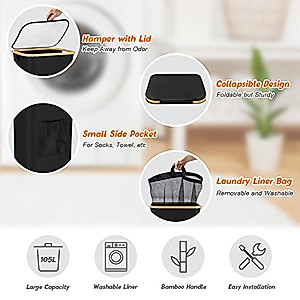 GLCONN Flip-Lid Laundry Hamper Tall Laundry Basket - Collapsible Laundry Bin Storage Basket - Large Hampers with Lid for Laundry, Toys, Clothes, Bedroom, Bathroom, Nursery, Closet - 105L, Black