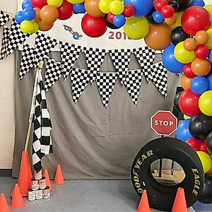 HYOWCHI Race Car Birthday Party Supplies - 153 Pcs Car Wheels Birthday Balloon Garland Arch Kit, Red Yellow Blue Black Checkered Foil Balloon Arch For Racing Car Monster Party Decorations